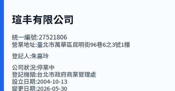 瑄丰有限公司的照片-統編 27521806(臺北市) 公司登記資料與營業項目詳細圖表
