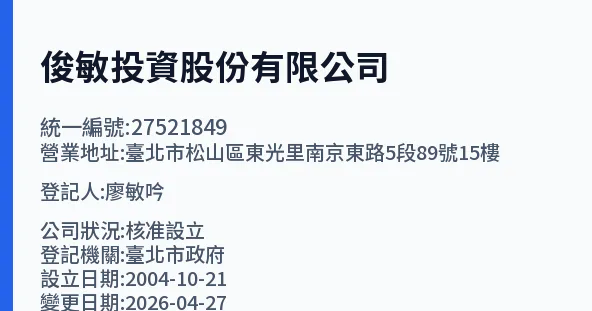 俊敏投資股份有限公司的照片-統編 27521849(臺北市) 公司登記資料與營業項目詳細圖表