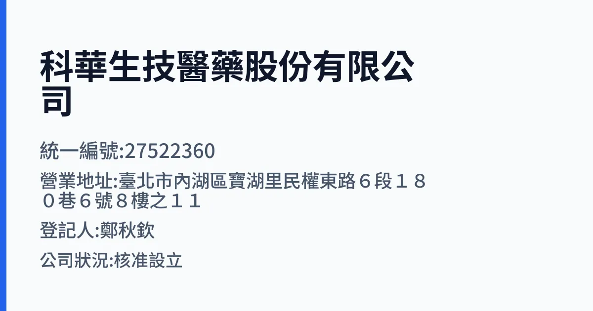 科華生技醫藥股份有限公司 - 統編 27522360(臺北市) 公司登記資料與營業項目詳細圖表