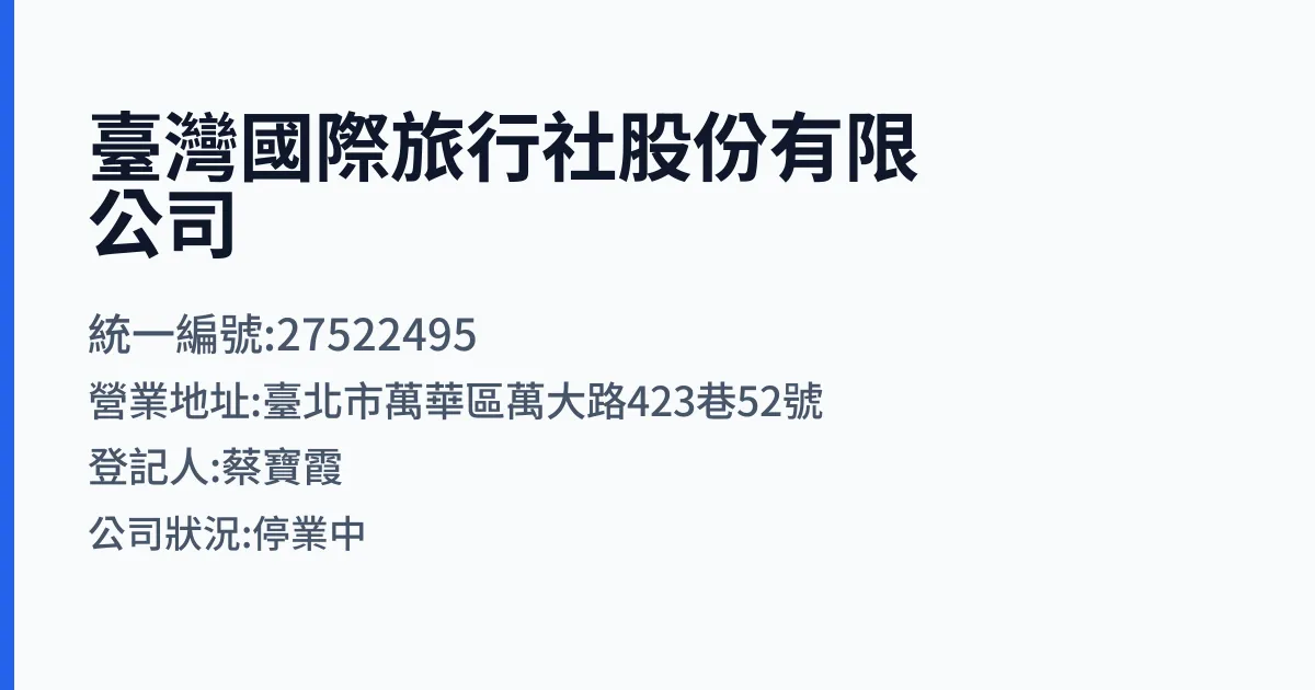 臺灣國際旅行社股份有限公司 - 統編 27522495(臺北市) 公司登記資料與營業項目詳細圖表