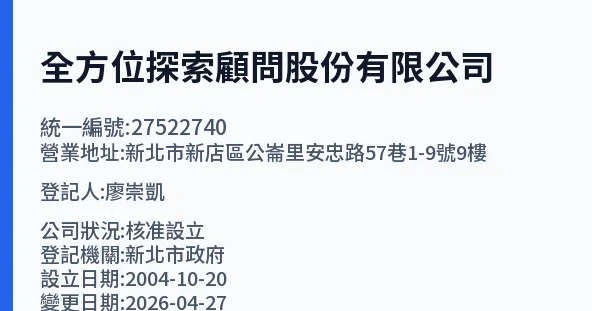 全方位探索顧問股份有限公司的照片-統編 27522740(新北市) 公司登記資料與營業項目詳細圖表