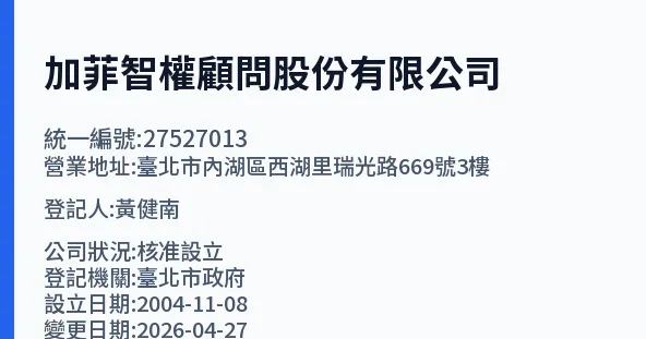 加菲智權顧問股份有限公司的照片-統編 27527013(臺北市) 公司登記資料與營業項目詳細圖表