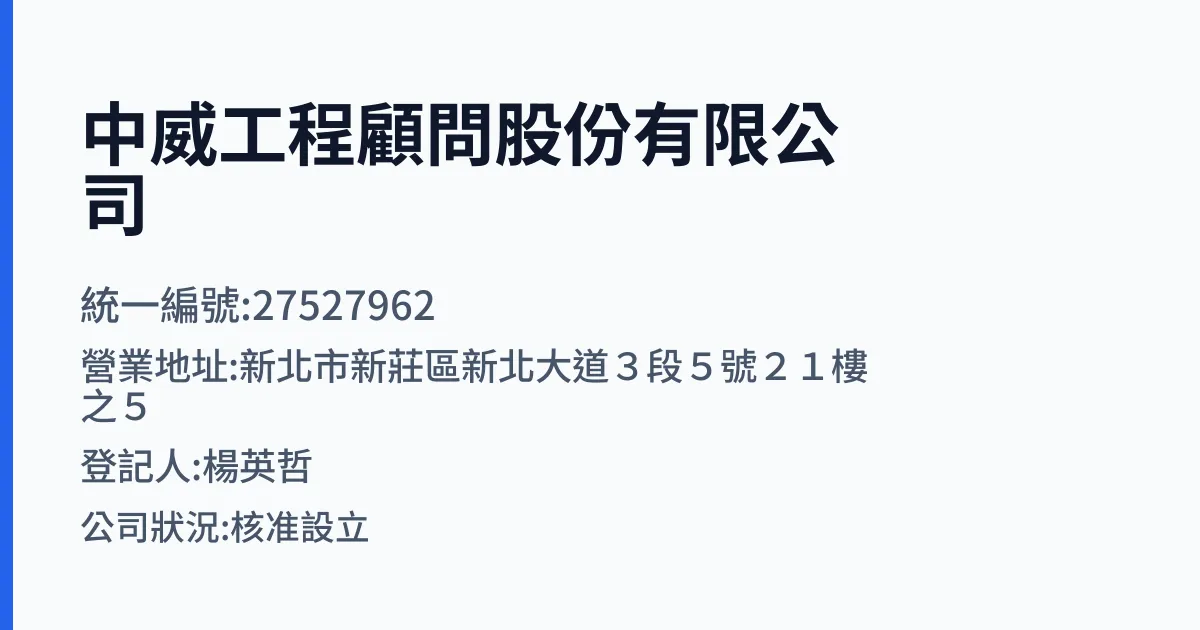 中威工程顧問股份有限公司 - 統編 27527962(新北市) 公司登記資料與營業項目詳細圖表
