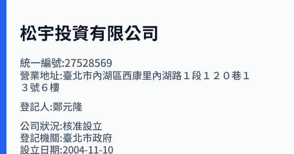 松宇投資有限公司的照片-統編 27528569(臺北市) 公司登記資料與營業項目詳細圖表