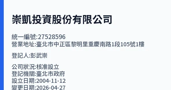 崇凱投資股份有限公司的照片-統編 27528596(臺北市) 公司登記資料與營業項目詳細圖表