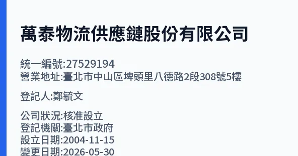 萬泰物流供應鏈股份有限公司的照片-統編 27529194(臺北市) 公司登記資料與營業項目詳細圖表