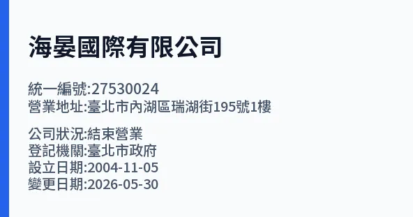 海晏國際有限公司的照片-統編 27530024(臺北市) 公司登記資料與營業項目詳細圖表