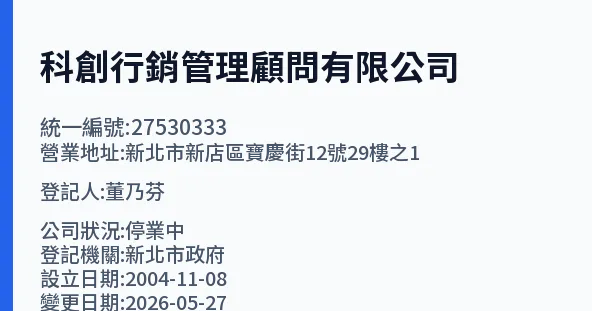 科創行銷管理顧問有限公司的照片-統編 27530333(新北市) 公司登記資料與營業項目詳細圖表