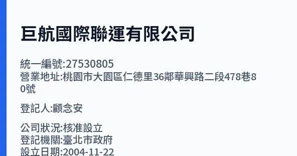 巨航國際聯運有限公司的照片-統編 27530805(桃園市) 公司登記資料與營業項目詳細圖表