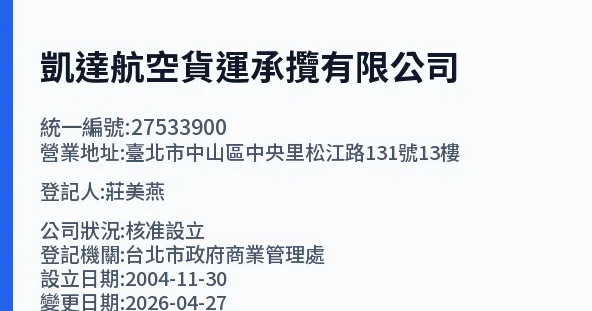 凱達航空貨運承攬有限公司的照片-統編 27533900(臺北市) 公司登記資料與營業項目詳細圖表