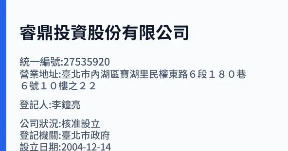 睿鼎投資股份有限公司的照片-統編 27535920(臺北市) 公司登記資料與營業項目詳細圖表