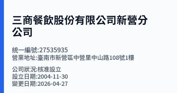三商餐飲股份有限公司新營分公司的照片-統編 27535935(臺南市) 公司登記資料與營業項目詳細圖表