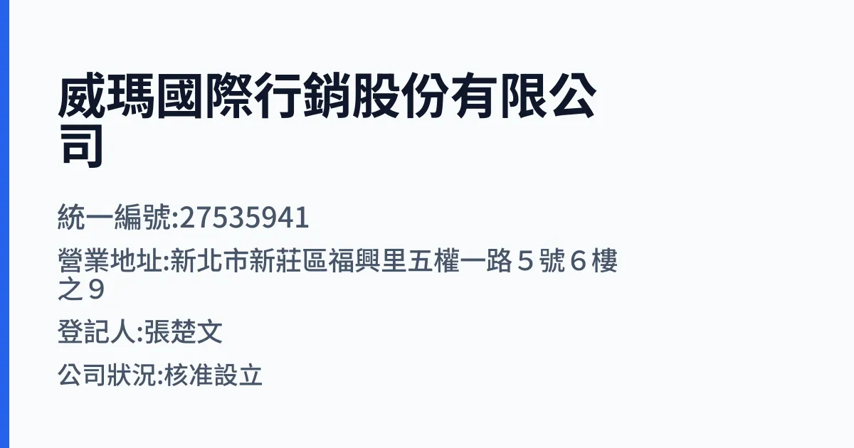 威瑪國際行銷股份有限公司 - 統編 27535941(新北市) 公司登記資料與營業項目詳細圖表