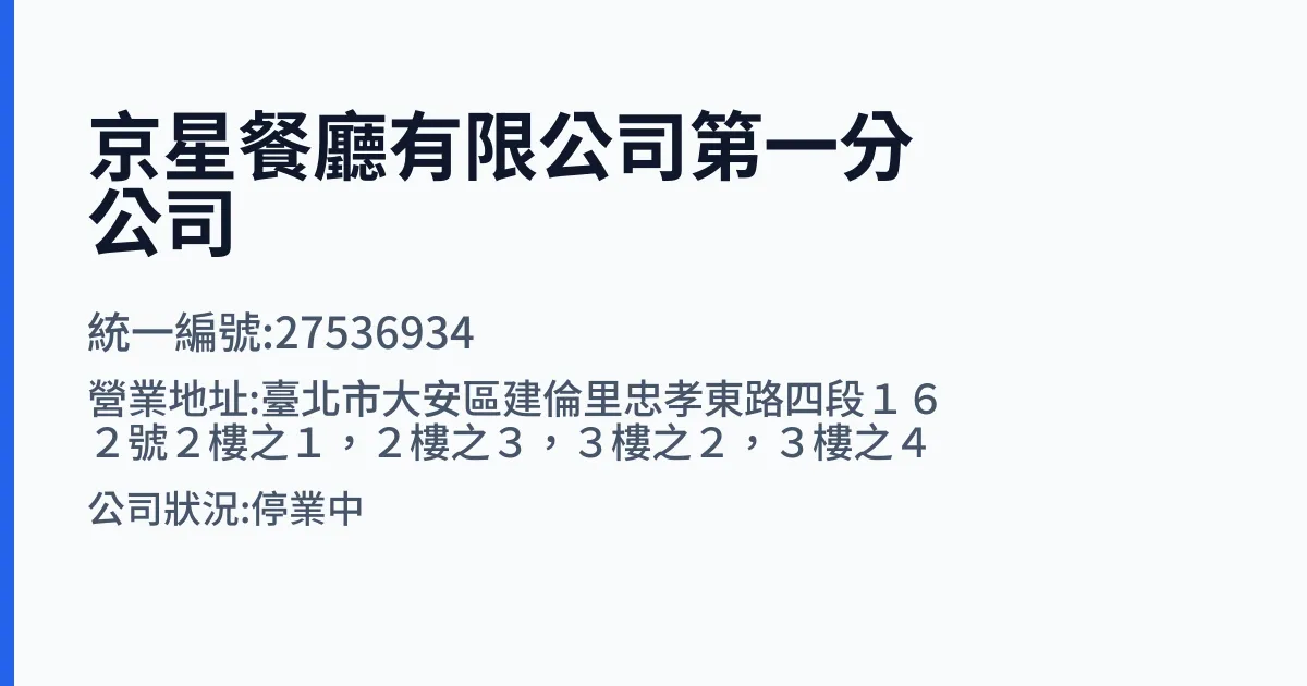 京星餐廳有限公司第一分公司 - 統編 27536934(臺北市) 公司登記資料與營業項目詳細圖表
