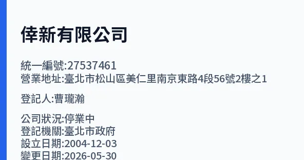 倖新有限公司的照片-統編 27537461(臺北市) 公司登記資料與營業項目詳細圖表
