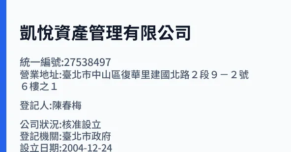 凱悅資產管理有限公司的照片-統編 27538497(臺北市) 公司登記資料與營業項目詳細圖表