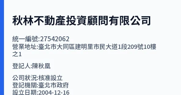 秋林不動產投資顧問有限公司的照片-統編 27542062(臺北市) 公司登記資料與營業項目詳細圖表