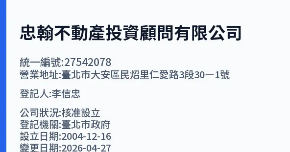 忠翰不動產投資顧問有限公司的照片-統編 27542078(臺北市) 公司登記資料與營業項目詳細圖表