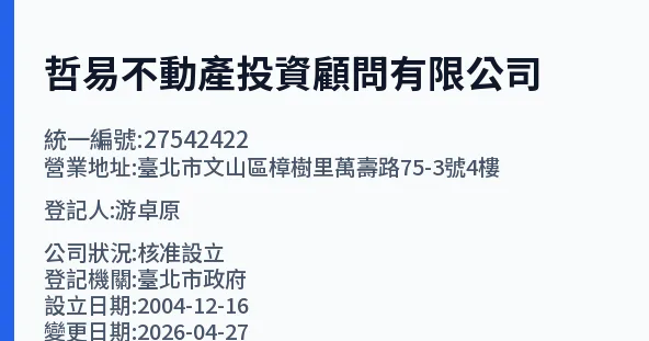 哲易不動產投資顧問有限公司的照片-統編 27542422(臺北市) 公司登記資料與營業項目詳細圖表