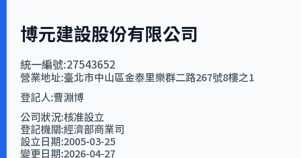 博元建設股份有限公司的照片-統編 27543652(臺北市) 公司登記資料與營業項目詳細圖表