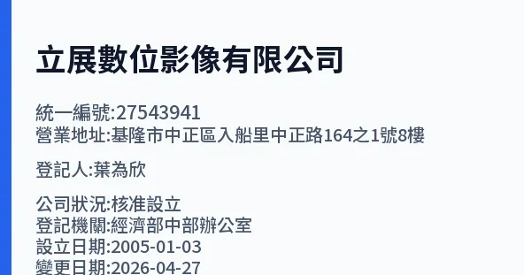 立展數位影像有限公司的照片-統編 27543941(基隆市) 公司登記資料與營業項目詳細圖表