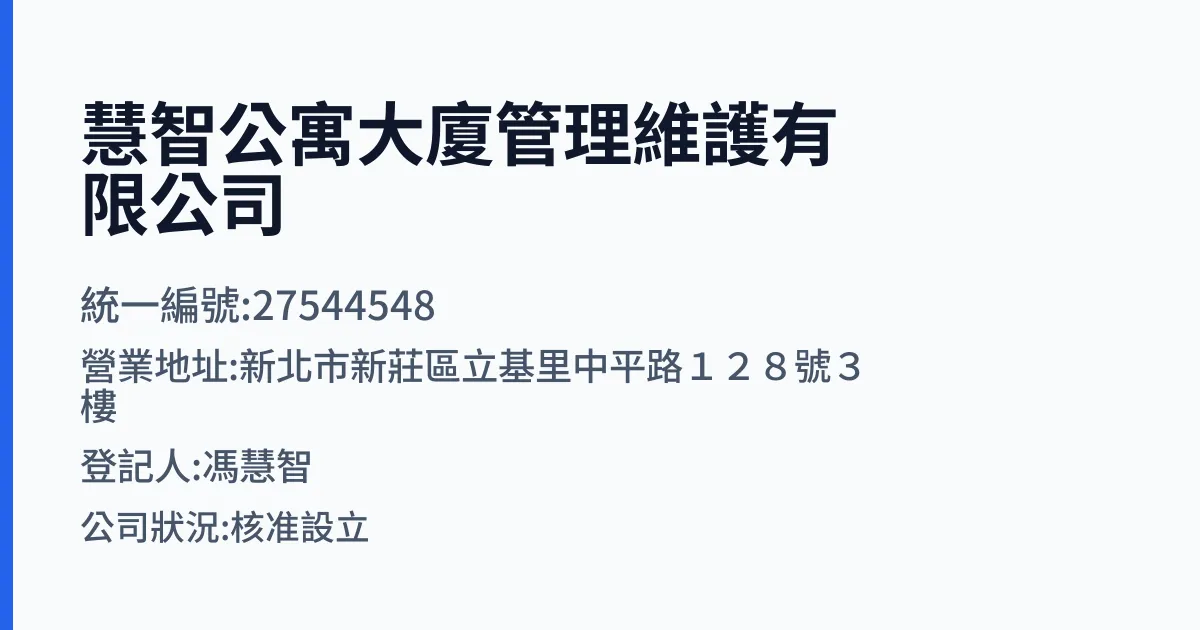 慧智公寓大廈管理維護有限公司 - 統編 27544548(新北市) 公司登記資料與營業項目詳細圖表