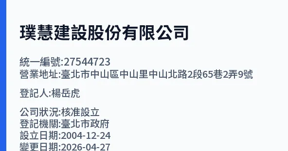 璞慧建設股份有限公司的照片-統編 27544723(臺北市) 公司登記資料與營業項目詳細圖表