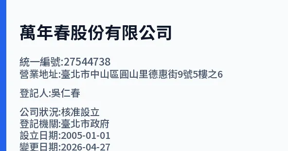 萬年春股份有限公司的照片-統編 27544738(臺北市) 公司登記資料與營業項目詳細圖表
