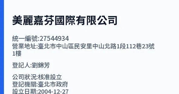 美麗嘉芬國際有限公司的照片-統編 27544934(臺北市) 公司登記資料與營業項目詳細圖表