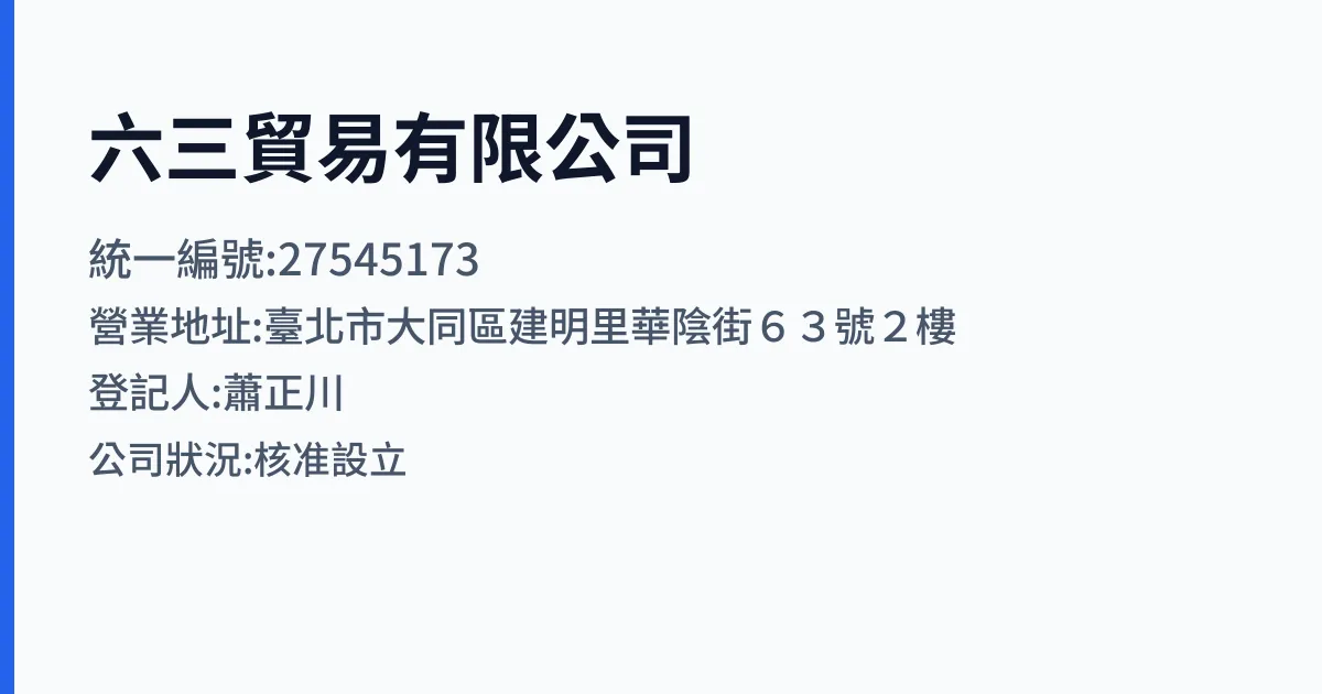 六三貿易有限公司 - 統編 27545173(臺北市) 公司登記資料與營業項目詳細圖表