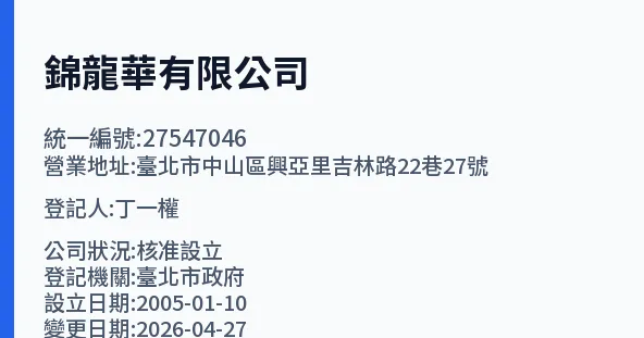 錦龍華有限公司的照片-統編 27547046(臺北市) 公司登記資料與營業項目詳細圖表