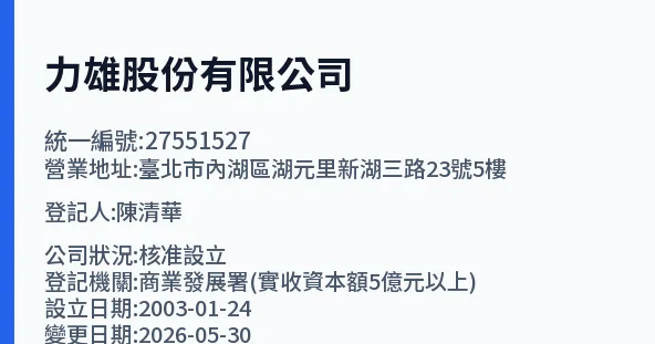 力雄股份有限公司的照片-統編 27551527(臺北市) 公司登記資料與營業項目詳細圖表