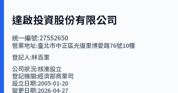 達啟投資股份有限公司的照片-統編 27552650(臺北市) 公司登記資料與營業項目詳細圖表