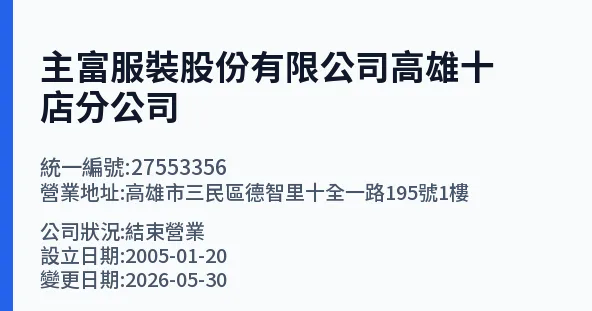 主富服裝股份有限公司高雄十店分公司的照片-統編 27553356(高雄市) 公司登記資料與營業項目詳細圖表