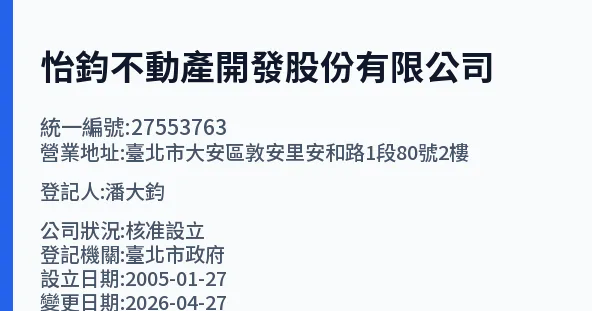 怡鈞不動產開發股份有限公司的照片-統編 27553763(臺北市) 公司登記資料與營業項目詳細圖表