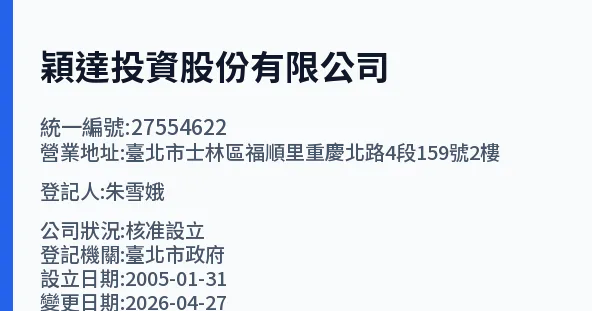穎達投資股份有限公司的照片-統編 27554622(臺北市) 公司登記資料與營業項目詳細圖表