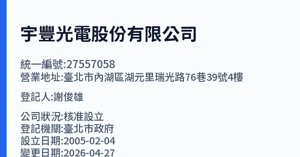 宇豐光電股份有限公司的照片-統編 27557058(臺北市) 公司登記資料與營業項目詳細圖表