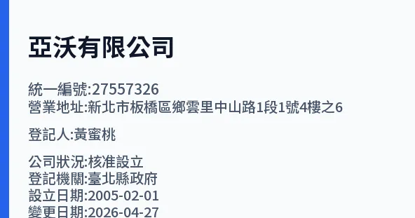 亞沃有限公司的照片-統編 27557326(新北市) 公司登記資料與營業項目詳細圖表