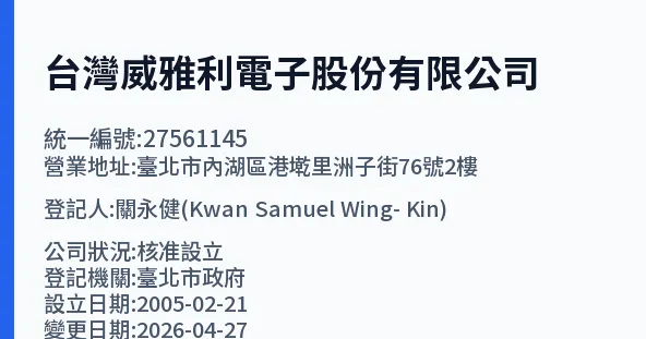 台灣威雅利電子股份有限公司的照片-統編 27561145(臺北市) 公司登記資料與營業項目詳細圖表