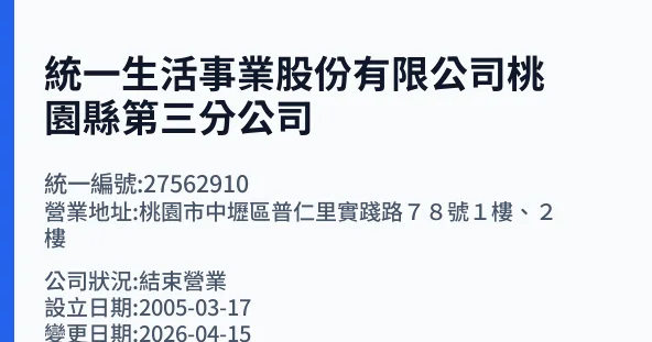 統一生活事業股份有限公司桃園縣第三分公司的照片-統編 27562910(桃園市) 公司登記資料與營業項目詳細圖表