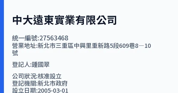 中大遠東實業有限公司的照片-統編 27563468(新北市) 公司登記資料與營業項目詳細圖表