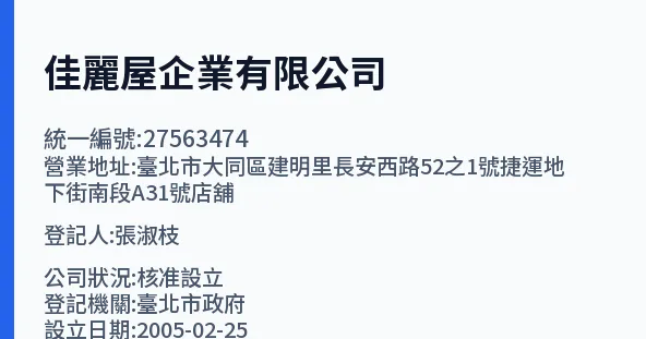 佳麗屋企業有限公司的照片-統編 27563474(臺北市) 公司登記資料與營業項目詳細圖表