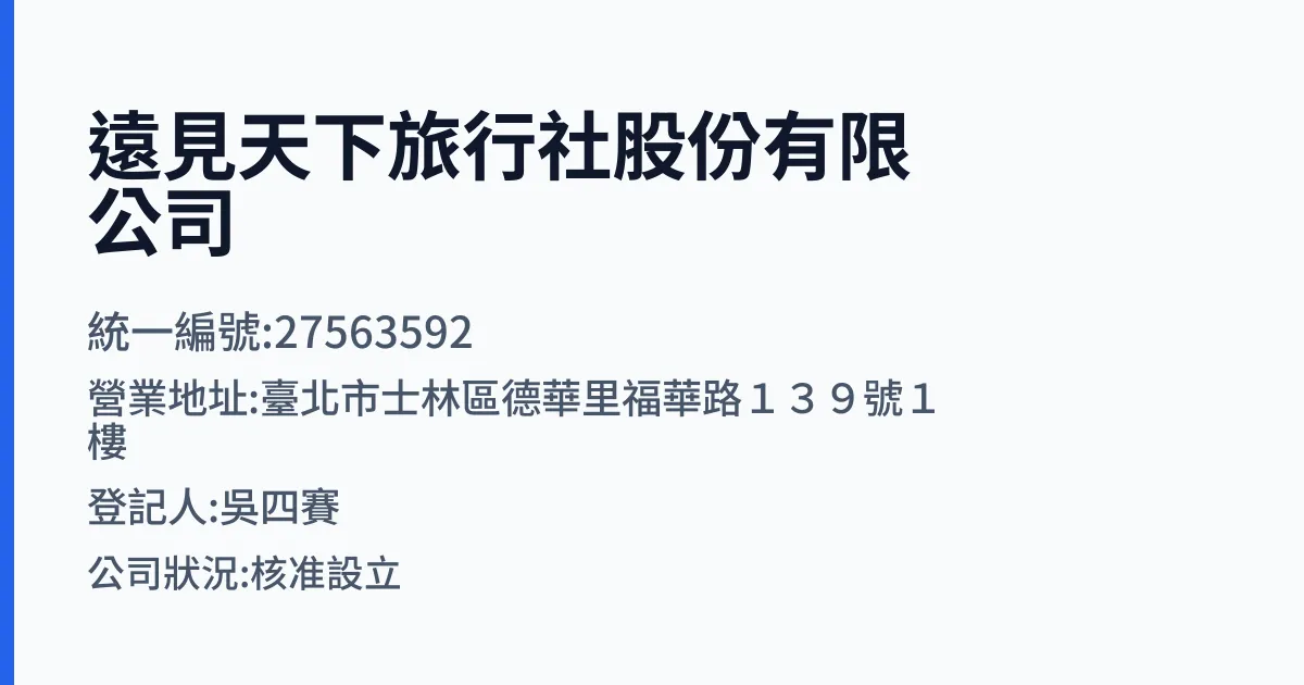遠見天下旅行社股份有限公司 - 統編 27563592(臺北市) 公司登記資料與營業項目詳細圖表