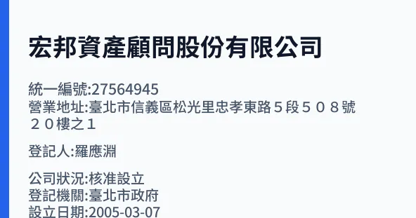 宏邦資產顧問股份有限公司的照片-統編 27564945(臺北市) 公司登記資料與營業項目詳細圖表