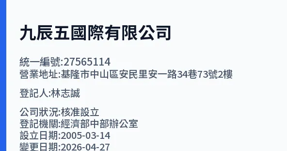 九辰五國際有限公司的照片-統編 27565114(基隆市) 公司登記資料與營業項目詳細圖表