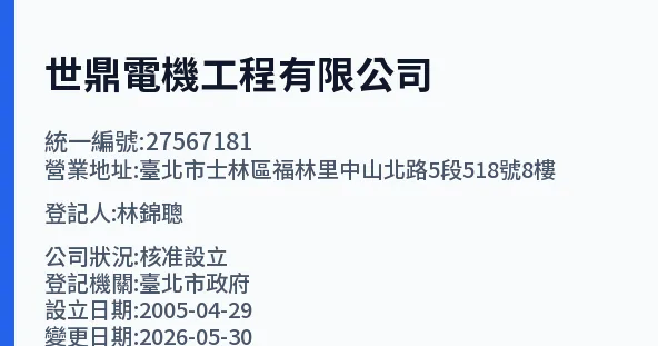 世鼎電機工程有限公司的照片-統編 27567181(臺北市) 公司登記資料與營業項目詳細圖表
