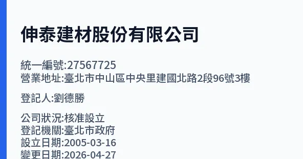 伸泰建材股份有限公司的照片-統編 27567725(臺北市) 公司登記資料與營業項目詳細圖表