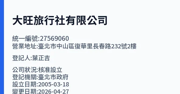 大旺旅行社有限公司的照片-統編 27569060(臺北市) 公司登記資料與營業項目詳細圖表
