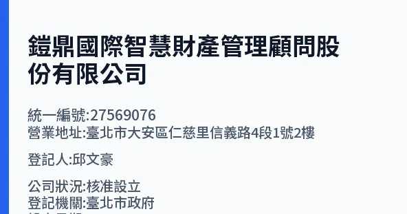 鎧鼎國際智慧財產管理顧問股份有限公司的照片-統編 27569076(臺北市) 公司登記資料與營業項目詳細圖表