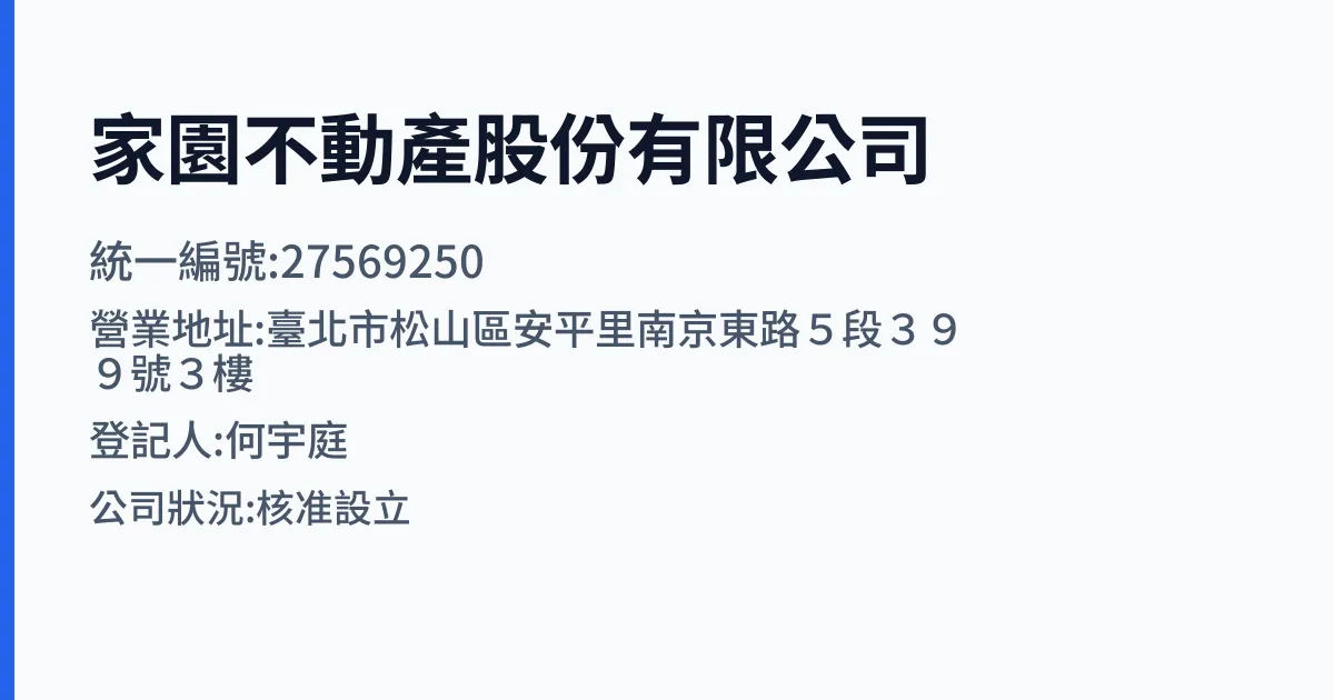 家園不動產股份有限公司 - 統編 27569250(臺北市) 公司登記資料與營業項目詳細圖表
